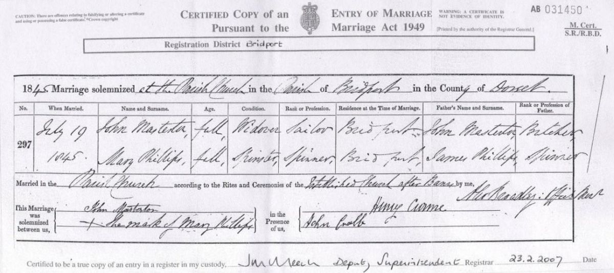 Documents: John Masterton and Mary Phillips marriage: Masterton Family ...